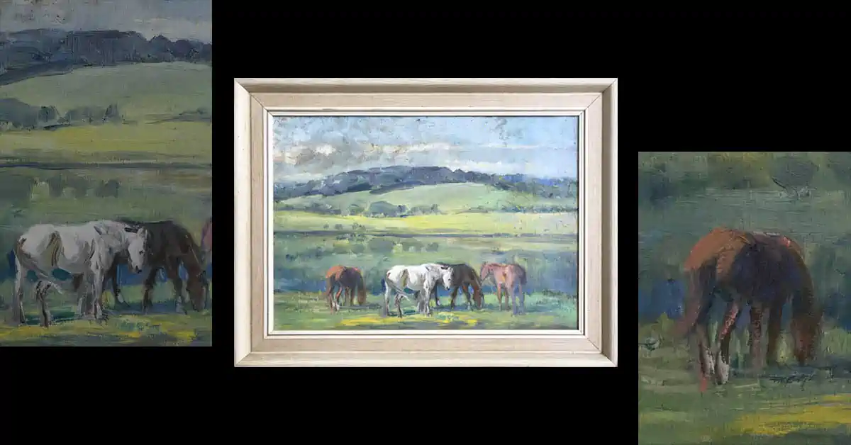 Alice Des Clayes Oil Painting 'Ponies Grazing in a Landscape'